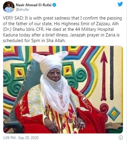 Emir of Zazzau, Shehu Idris, dies at 84 - Trending News