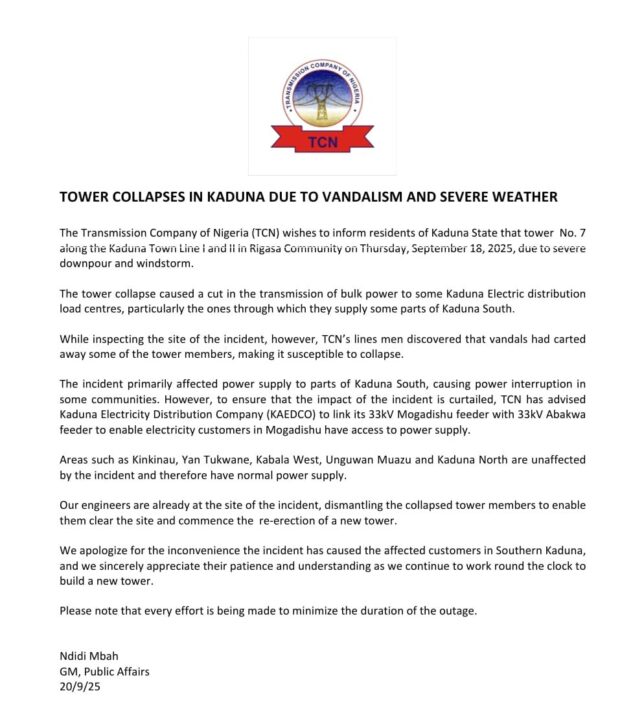 Power Outage Hits Kaduna As Transmission Line Collapse