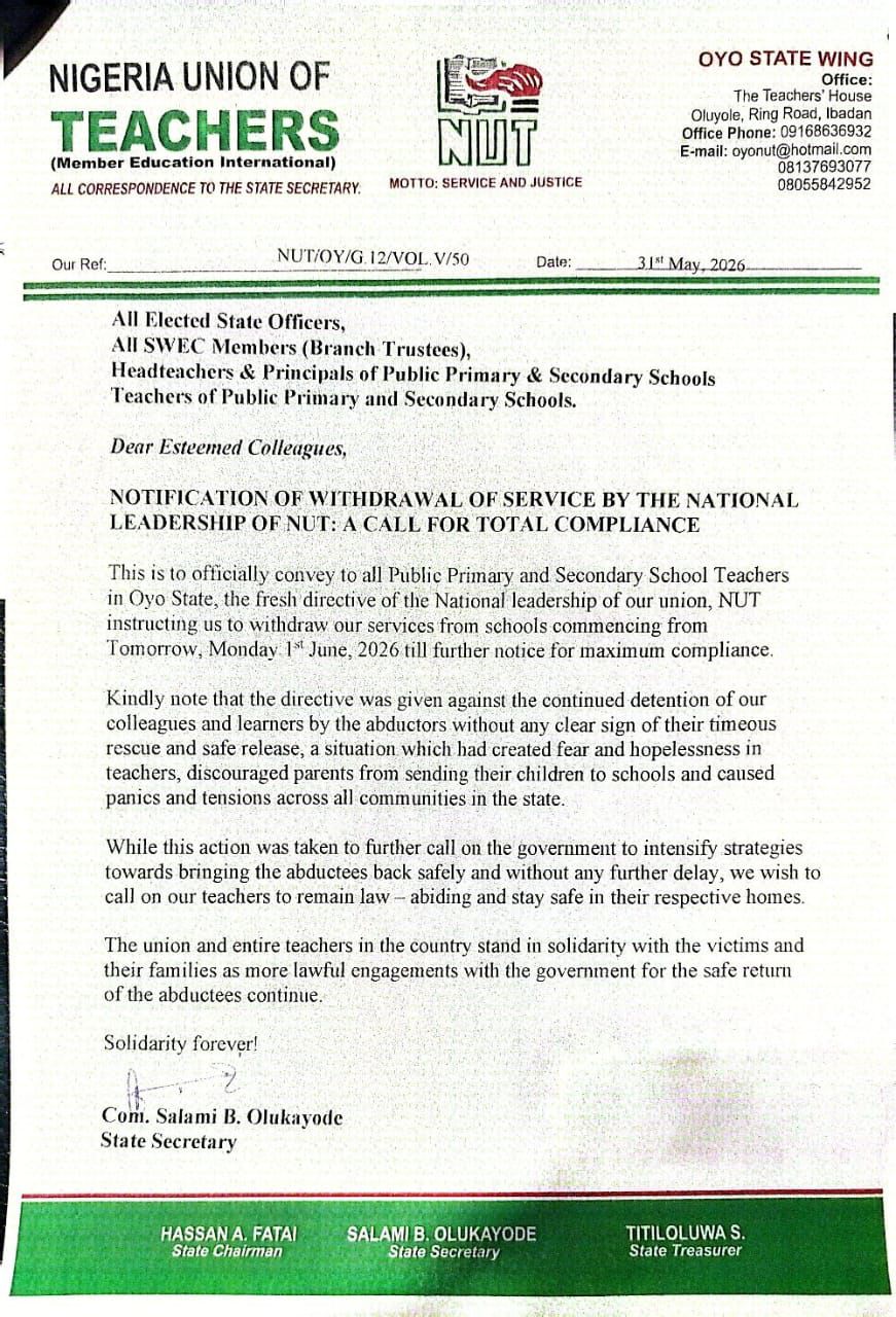 NUT Declares Indefinite Strike in Oyo Over Abducted Teachers, Pupils
